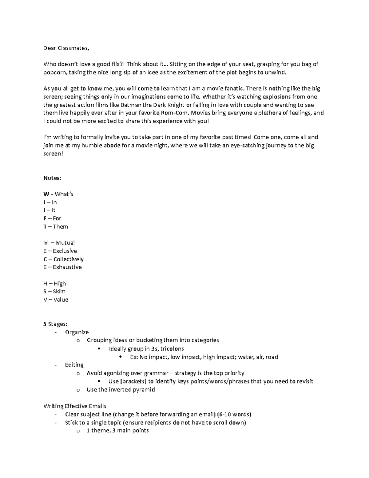 Practice materials - Business Comm. - Dear Classmates, Who doesn’t love ...