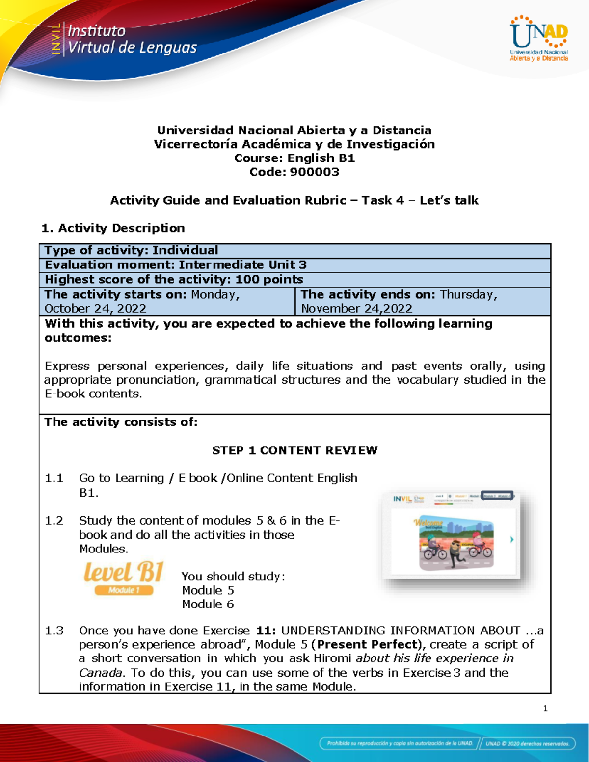 Activities guide and evaluation rubric - Unit 3 - Task 4 - Lets talk ...