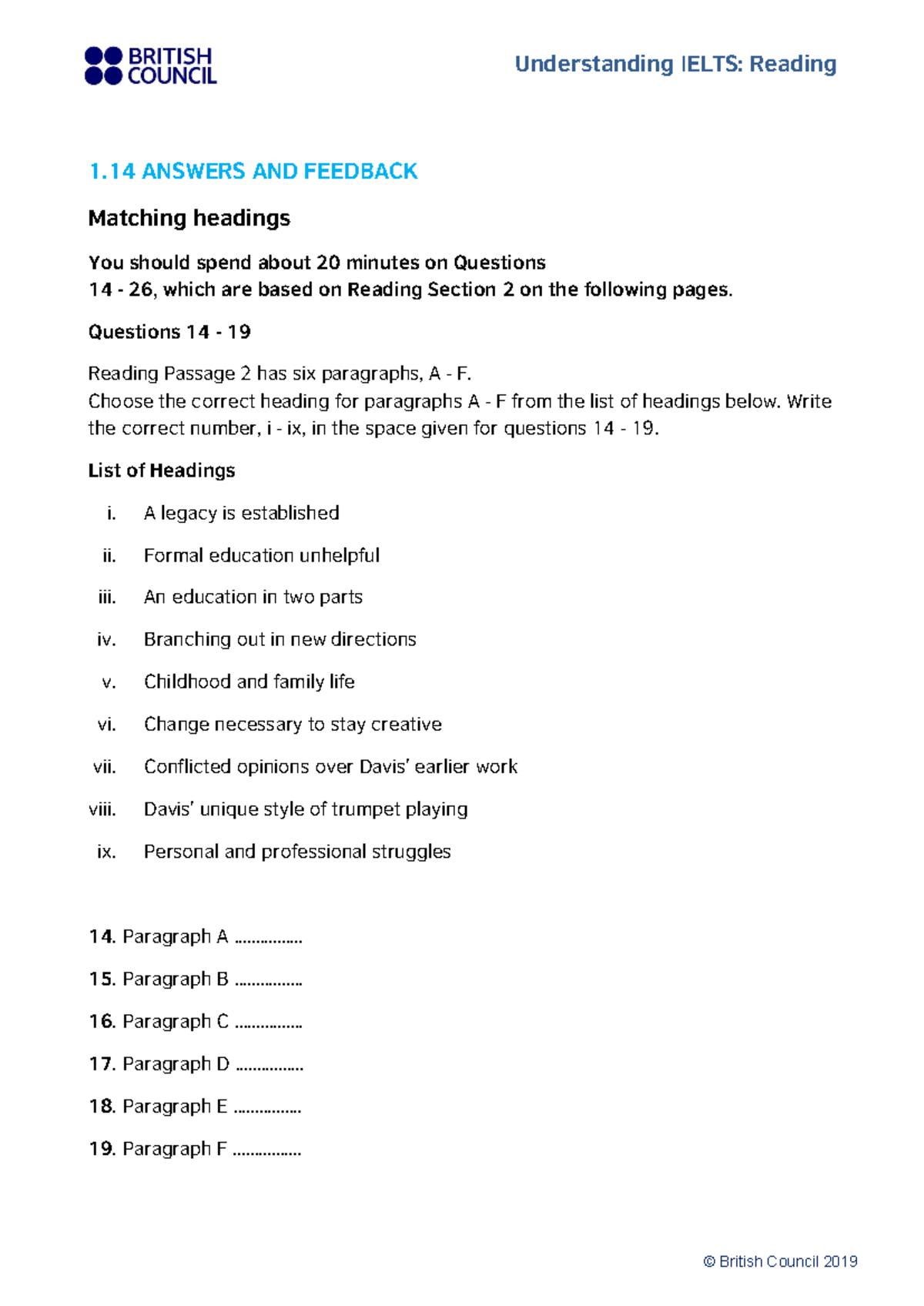 Ielts reading matching headings miles davis - © British Council 2019 ...