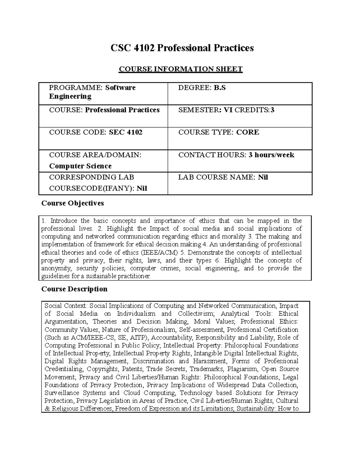 CSC 4102 Professional Practices - CSC 4102 Professional Practices ...