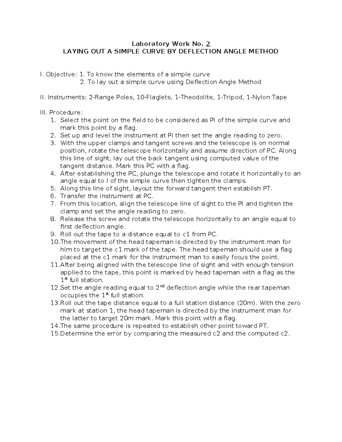 02 Simple Curve by Deflection Angle Method - Laboratory Work No. 2 LAYING OUT A SIMPLE CURVE BY ...