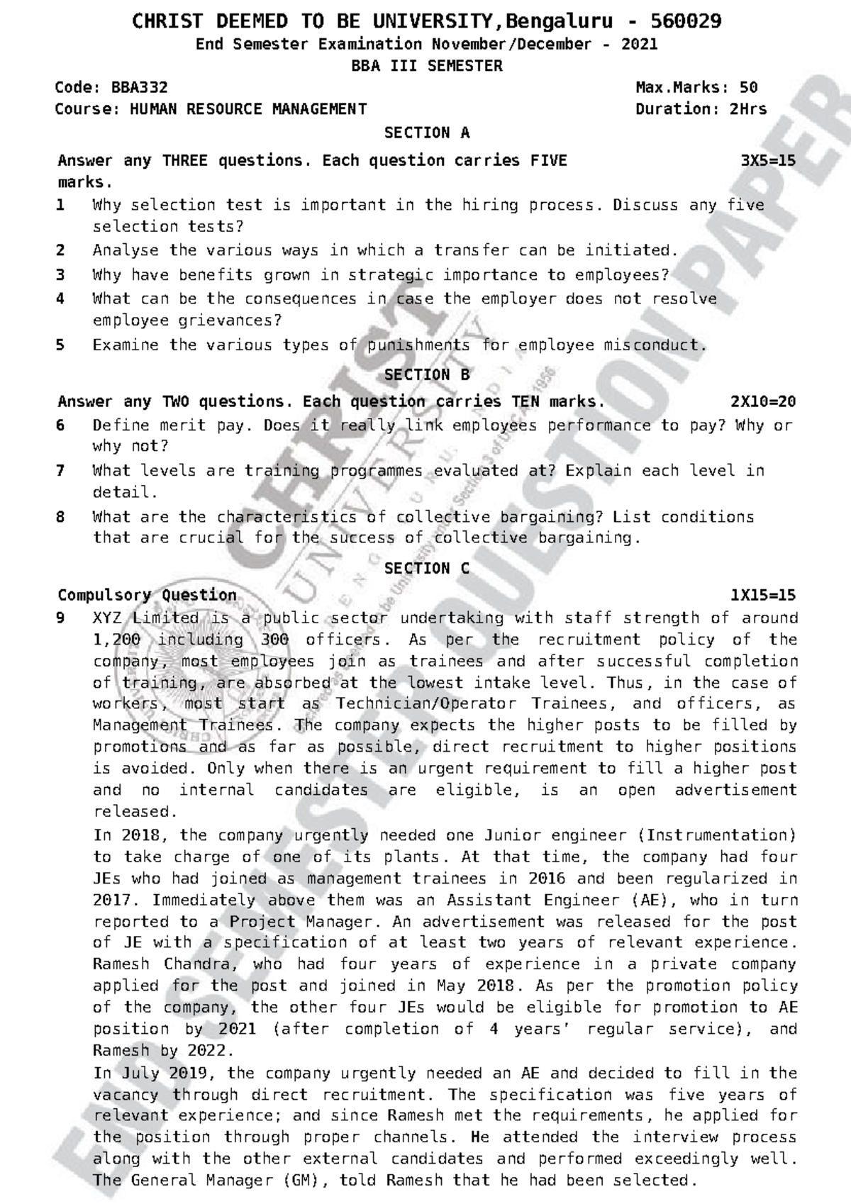 BBA332 - semester 2 question paper - CHRIST DEEMED TO BE UNIVERSITY ...