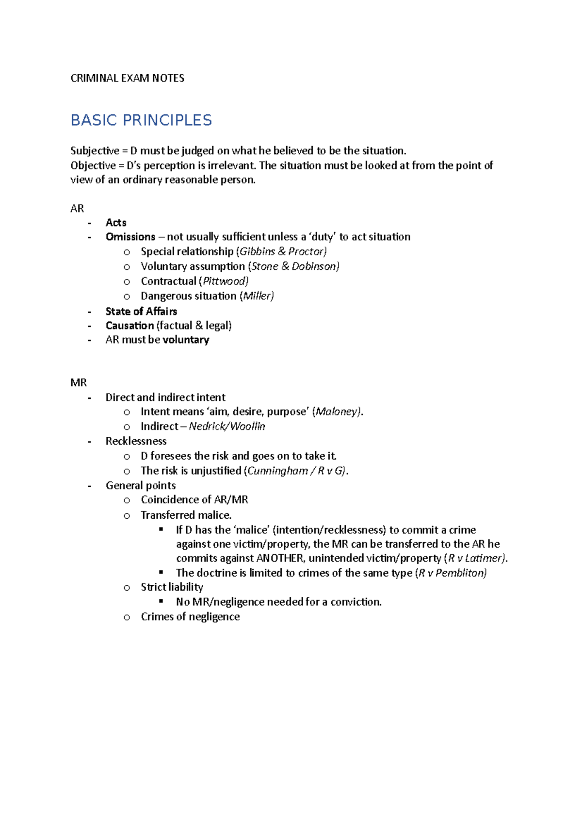 Criminal Exam structure - CRIMINAL EXAM NOTES BASIC PRINCIPLES ...