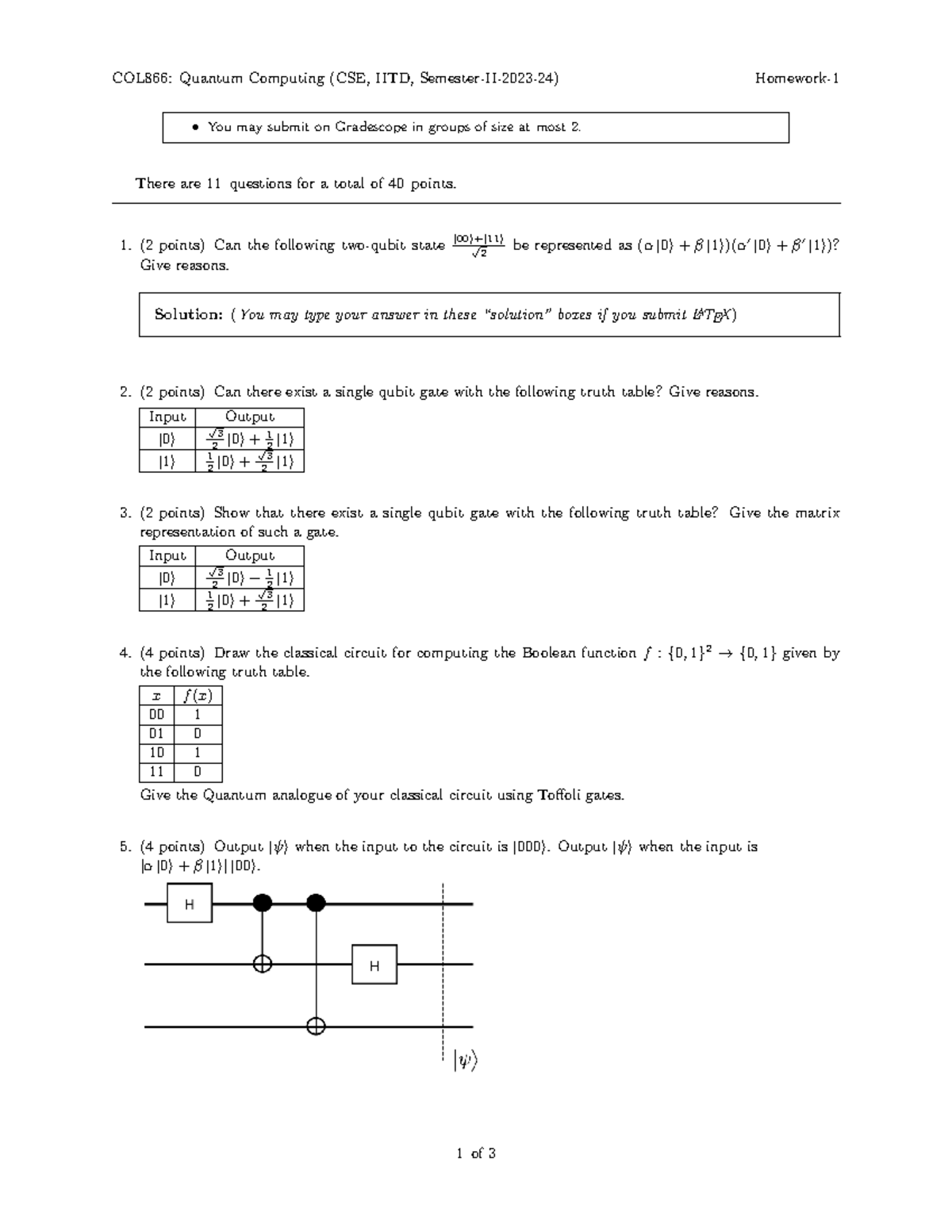 Preliminary HW-1 - COL866: Quantum Computing (CSE, IITD, Semester-II ...