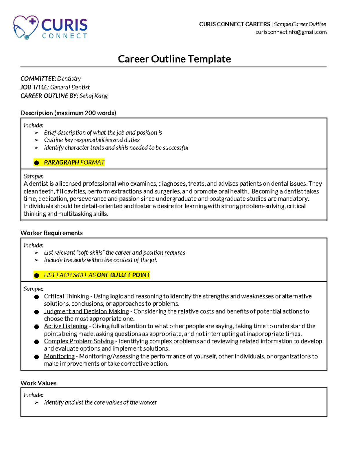 [ Template] Career Outline - CURIS CONNECT CAREERS | Sample Career ...