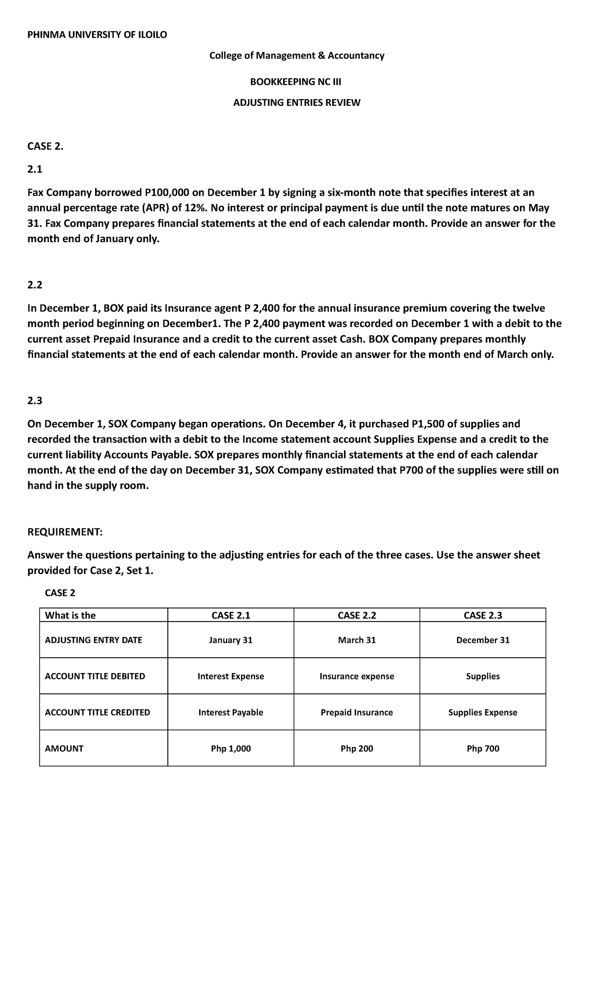 NC 3 Bookkeeping Problem. Periodic - PHINMA UNIVERSITY OF ILOILO ...