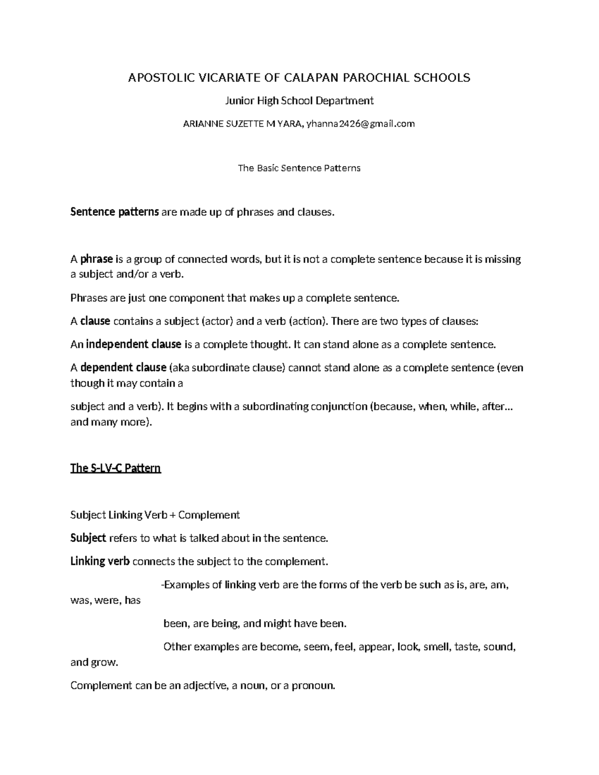 Document - APOSTOLIC VICARIATE OF CALAPAN PAROCHIAL SCHOOLS Junior High ...