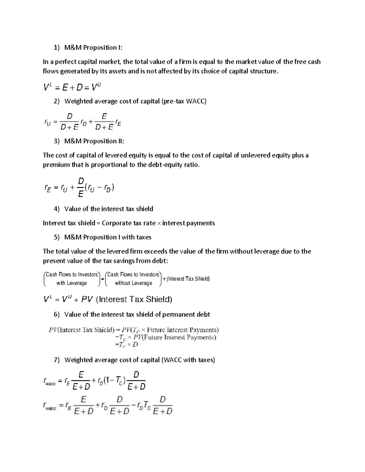 Formula Sheet for quiz 2 - 1) M&M Proposition I: In a perfect capital ...