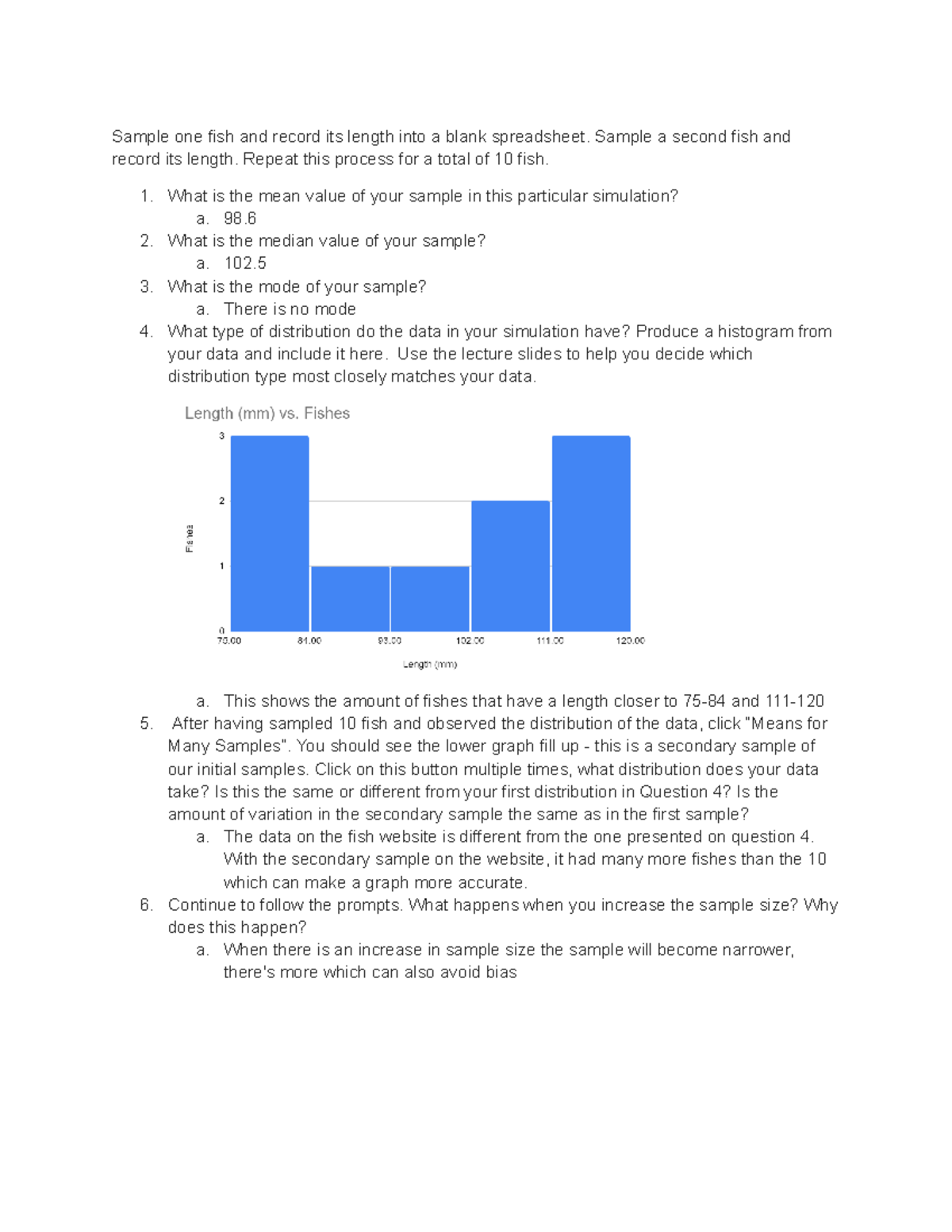 9 10 Population Statistics Post Lab (Fish Simulation) - Sample one fish ...