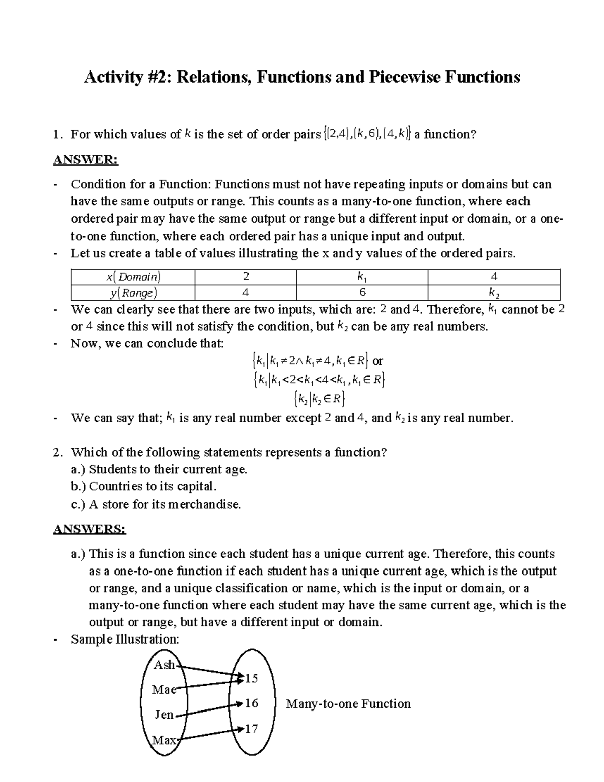 Activity #2 in General Mathematics (Answer) - Activity #2: Relations, Functions and Piecewise ...