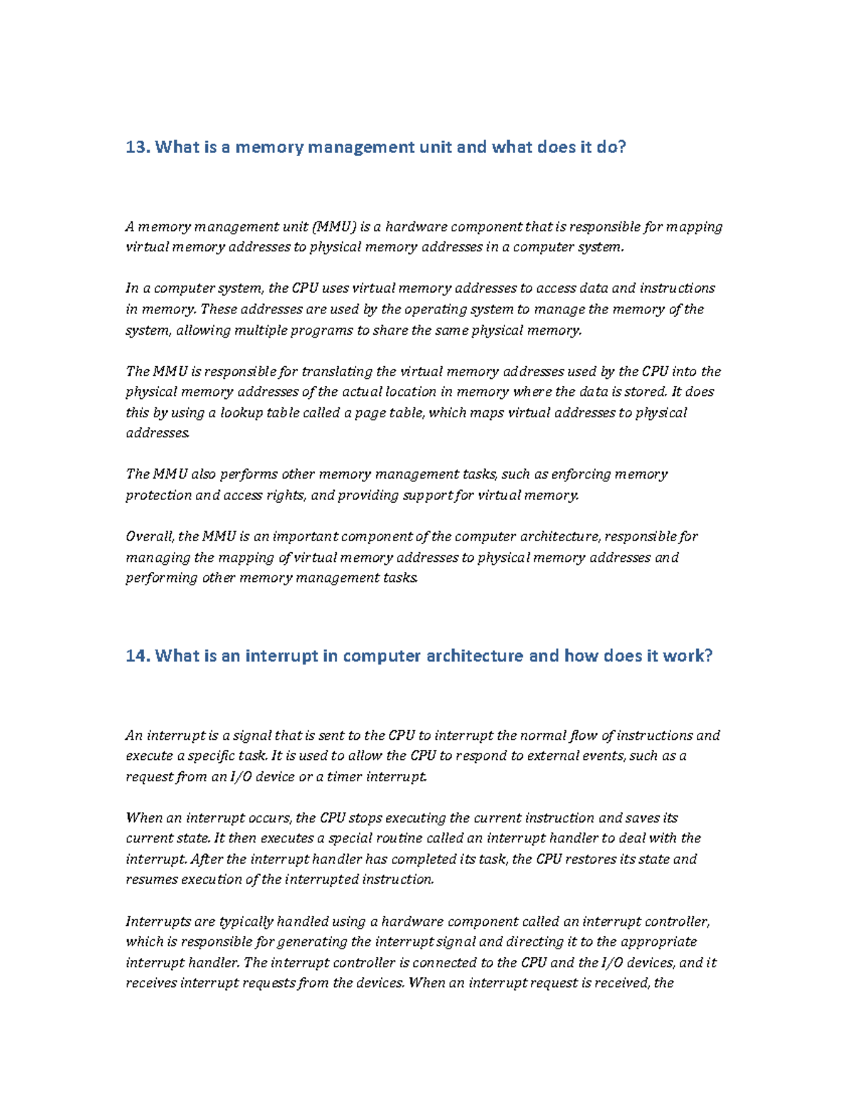 Computer architecture 3 - 13. What is a memory management unit and what does it do? A memory ...