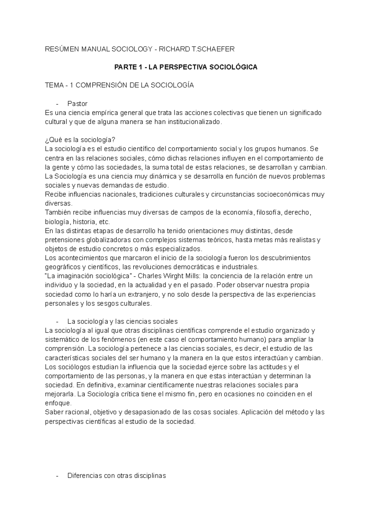 RESÚMEN MANUAL SOCIOLOGY - RICHARD T.SCHAEFER - RESÚMEN MANUAL ...