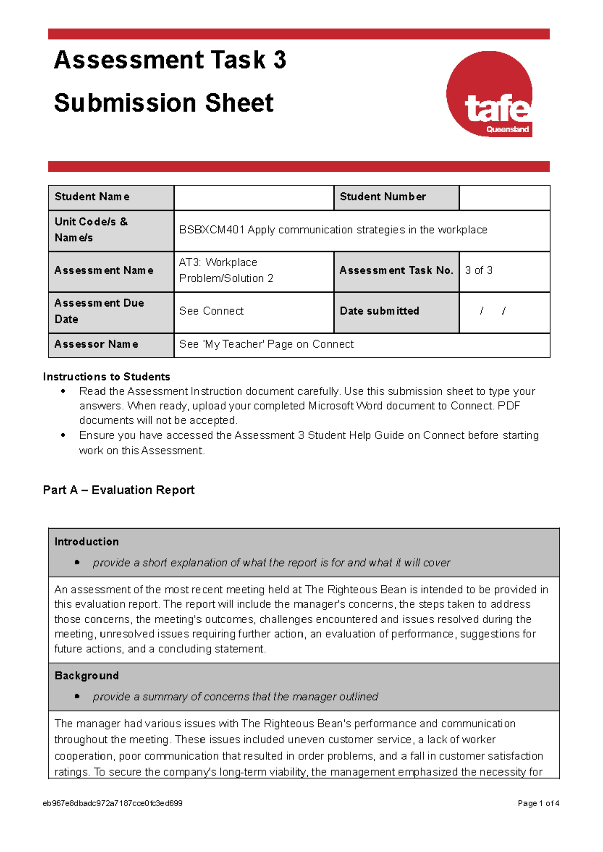 Nzebakanku Bsbxcm 401 AT3 Submission Sheet v2 - Assessment Task 3 Submission Sheet Student Name ...
