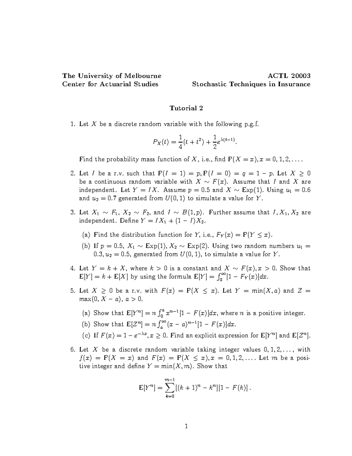 Tute 2 - Tute sheet Qs - The University of Melbourne ACTL 20003 Center ...