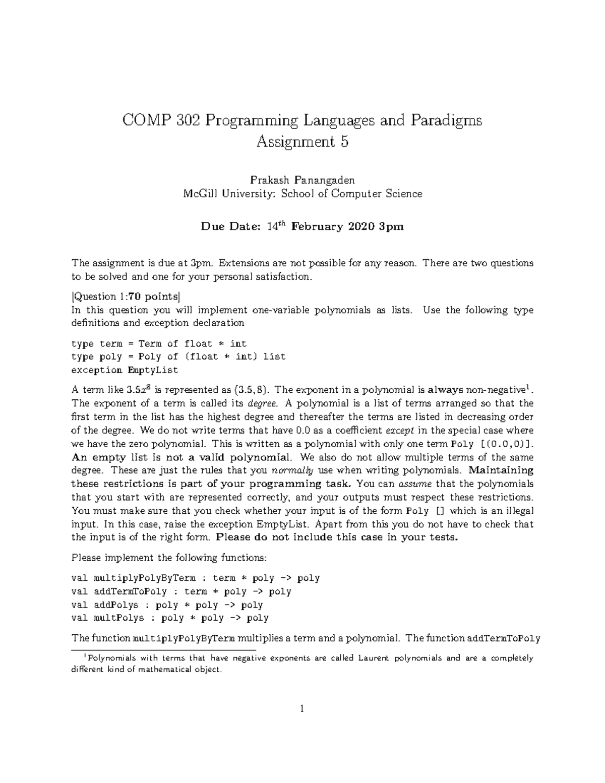Hw5 - Ocaml Assignment 5 - COMP 302 Programming Languages and Paradigms Assignment 5 Prakash ...