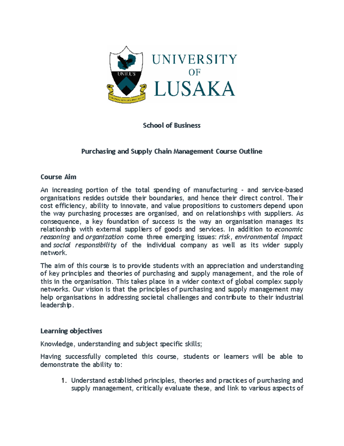 Course Outline - BPS 100 Purchasing and Supply Chain Management ...