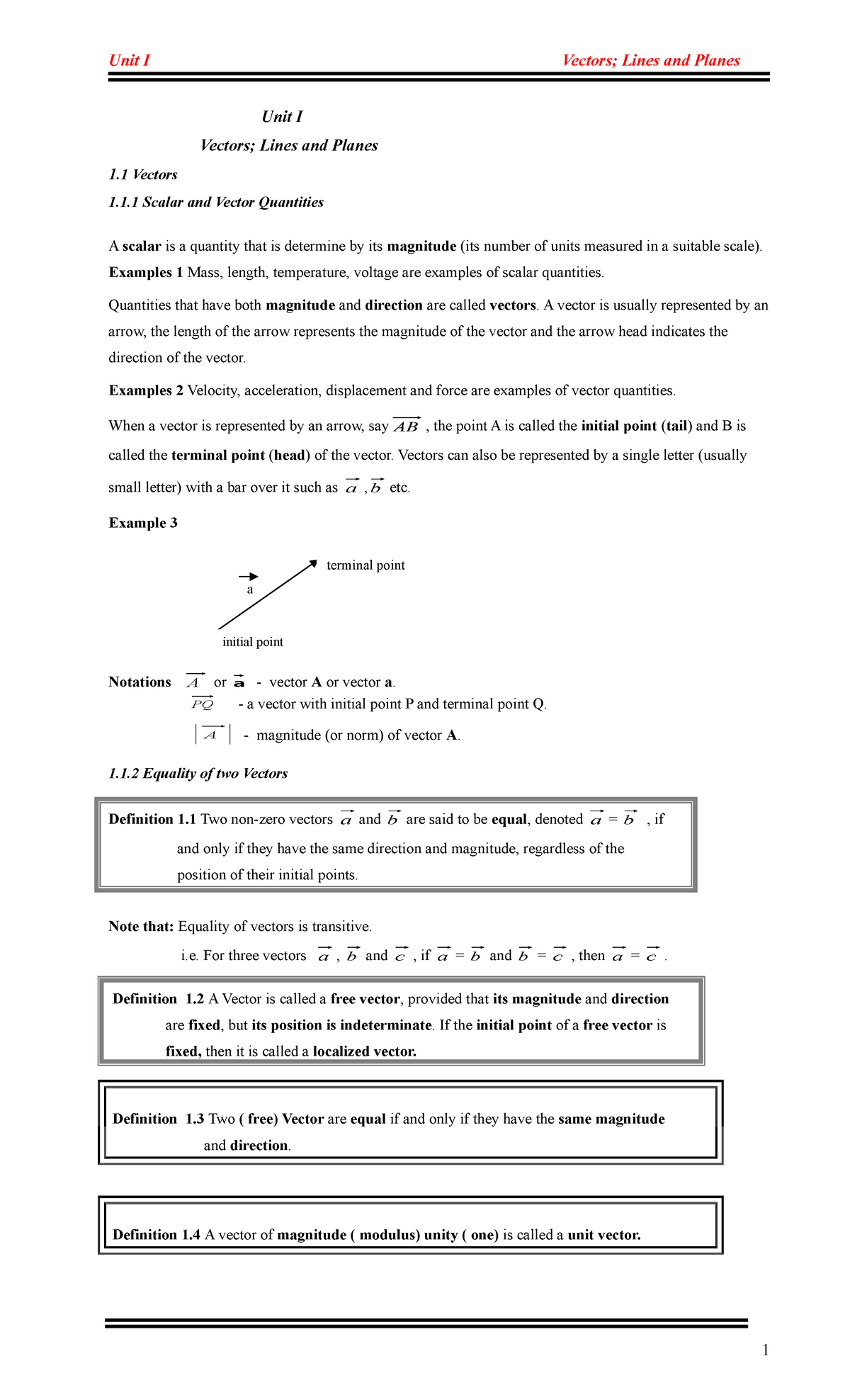 Unit-i-vectors - Unit I Vectors; Lines and Planes 1 .1 Vectors 1.1 ...