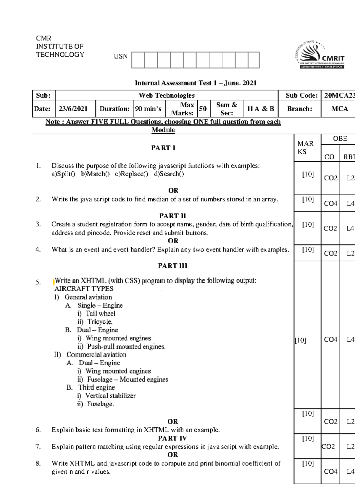 IAT-I Question Paper with Solution of 20MCA23 Web Technologies June ...