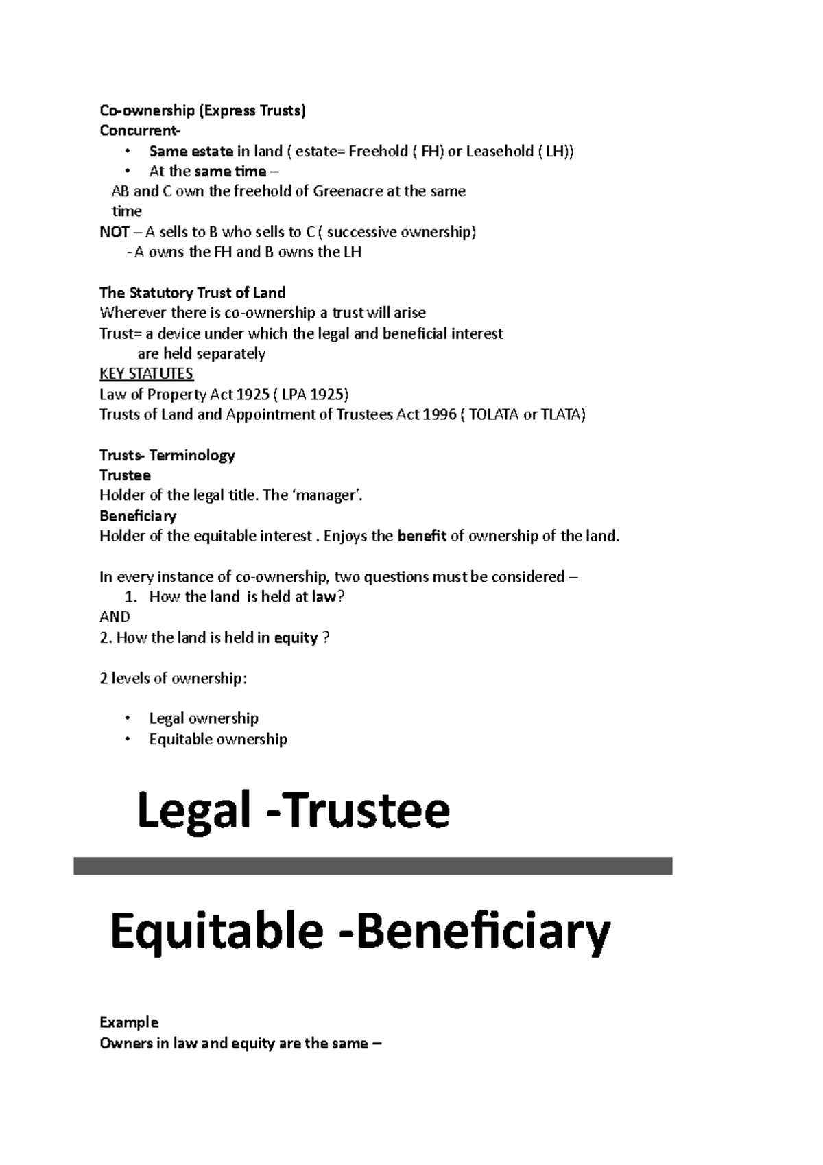 Co ownership pt 1 - Co-ownership (Express Trusts) Concurrent- Same ...