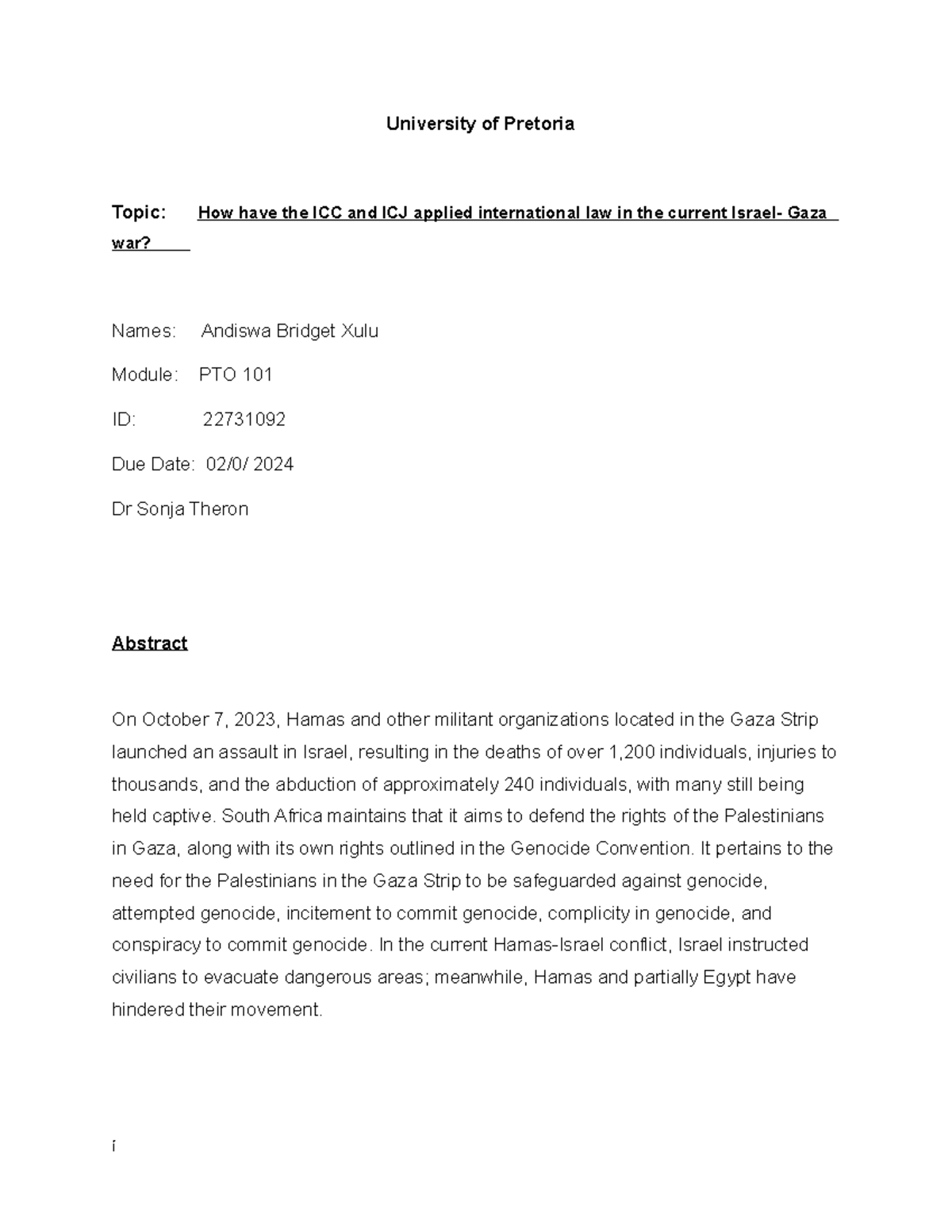 PTO Assignment - University of Pretoria Topic: How have the ICC and ICJ ...