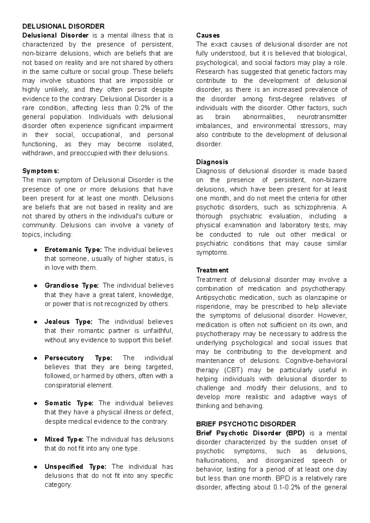 Schizophrenia - notes - DELUSIONAL DISORDER Delusional Disorder is a ...