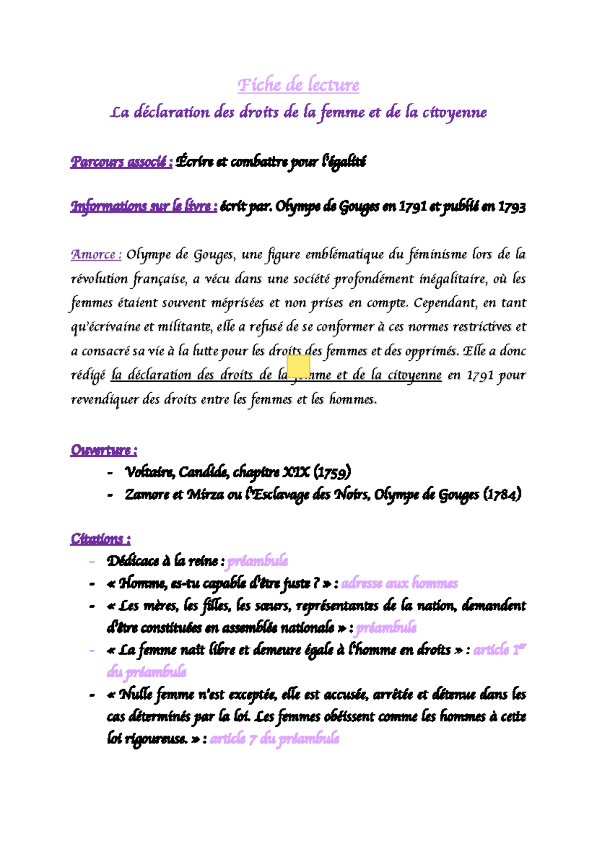 Fiche lecture ODG - Fiche de lecture La déclaration des droits de la ...