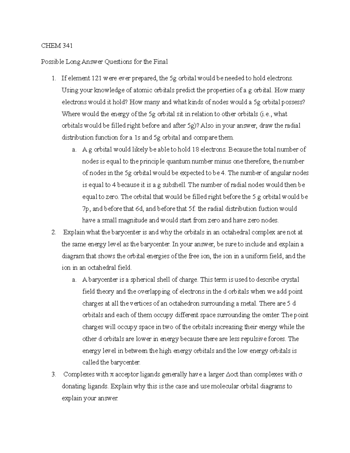 Chem 341 long answer qs - CHEM 341 Possible Long Answer Questions for ...