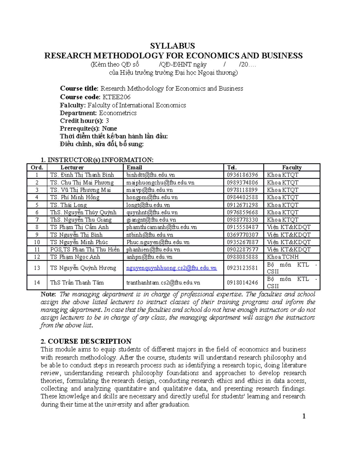 12.KTEE206.Research Methodology in Economics and Business - SYLLABUS ...
