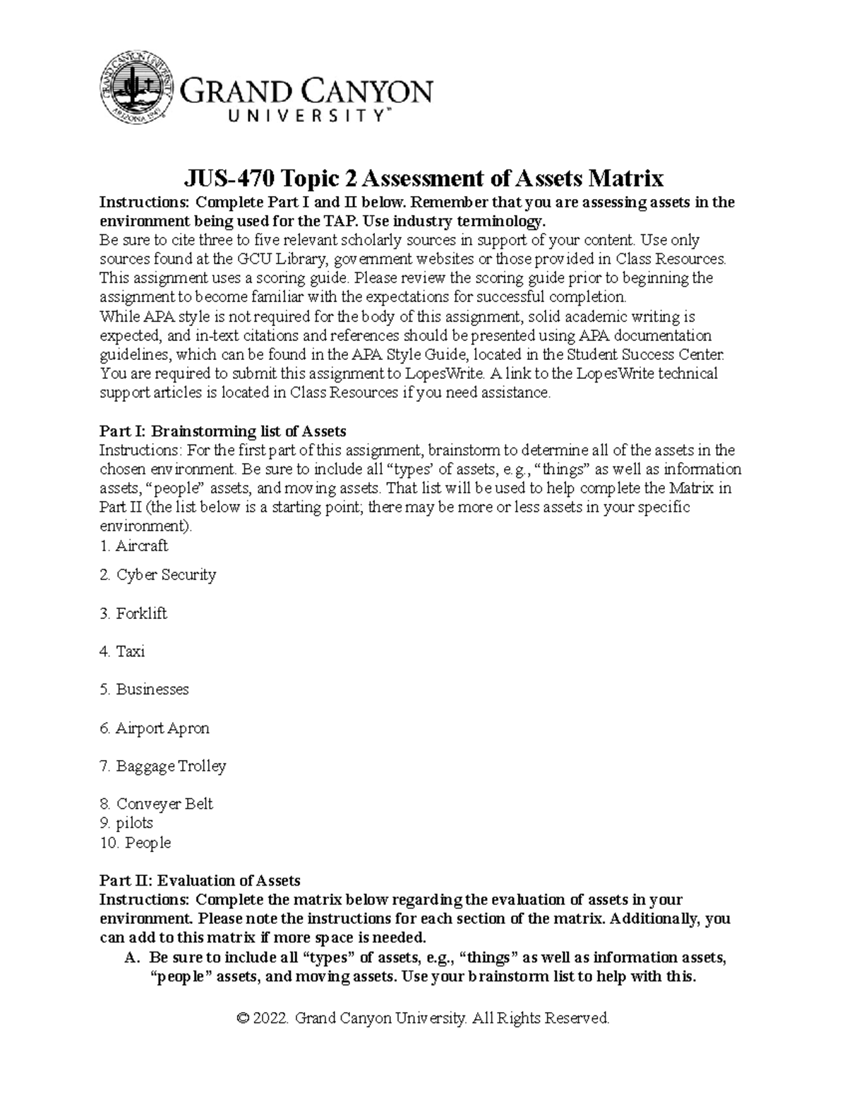 Assessment of Assets Matrix - JUS-470 Topic 2 Assessment of Assets ...