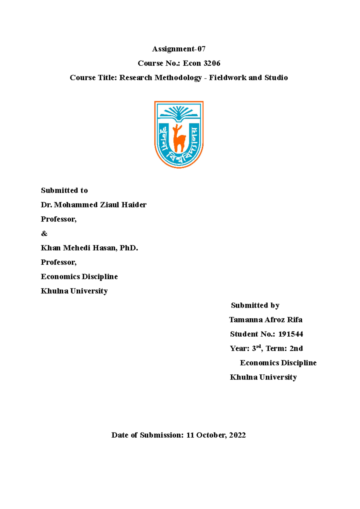 Econ 3206 191544 A7 Assignment Assignment Course No Econ 3206