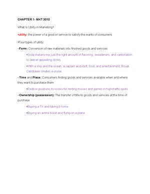 MKT Exam 1 Review sheets - MKT 3010 Review Sheet: Chapter 1 TERMS You are responsible for all ...