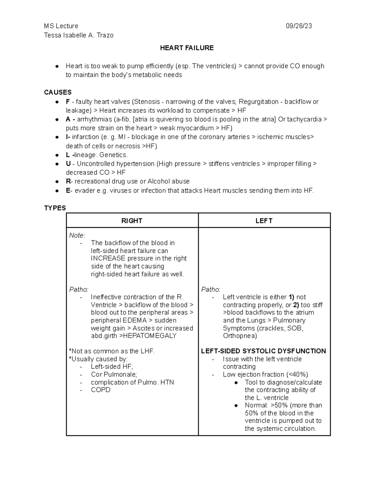 Heart Failure Notes - Tessa Isabelle A. Trazo HEART FAILURE Heart is ...