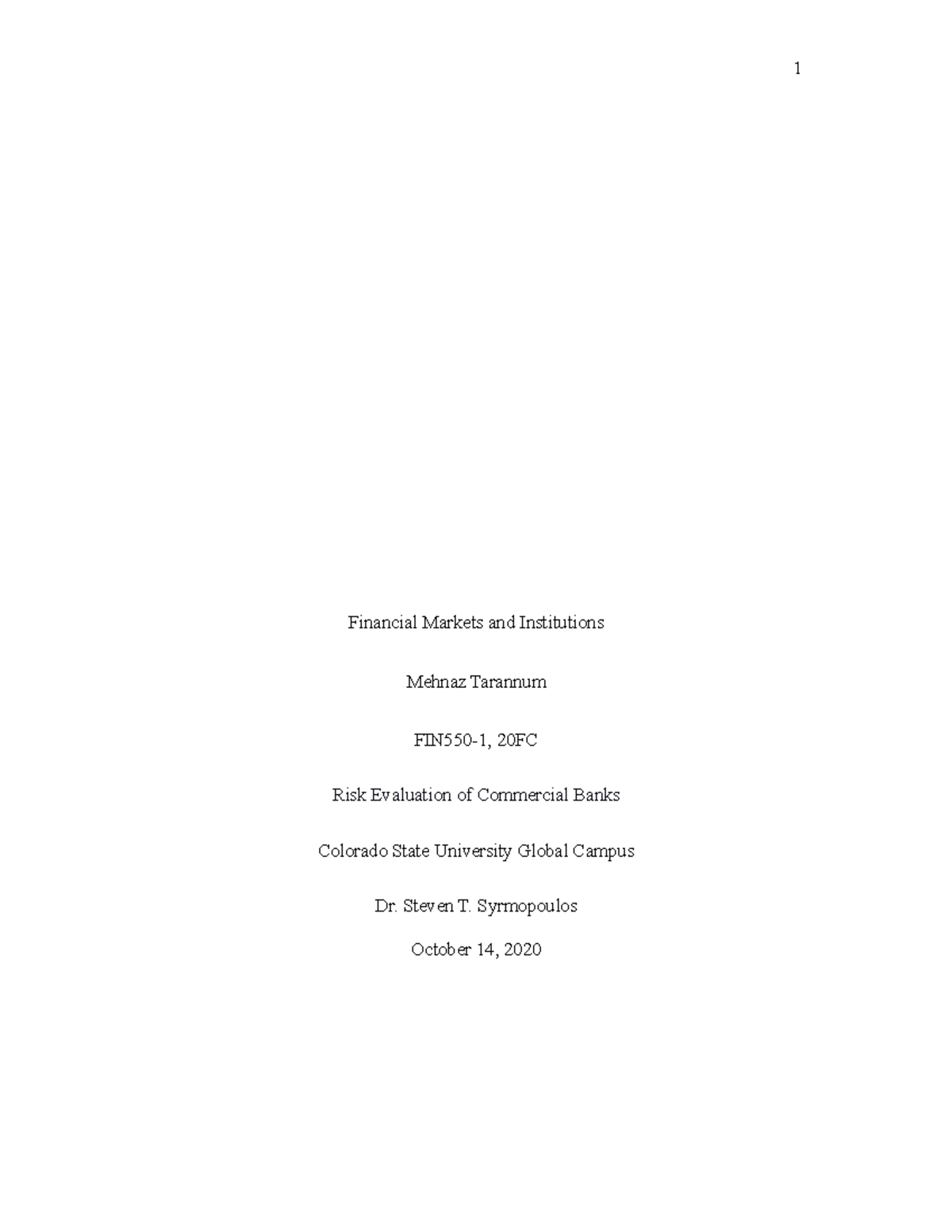 FIN 550 Assignmnet 6 - this assignment is about risk evaluation of ...