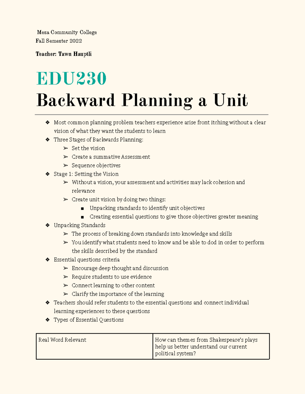 Inspire 9 - backward planning a unit - Mesa Community College Fall ...