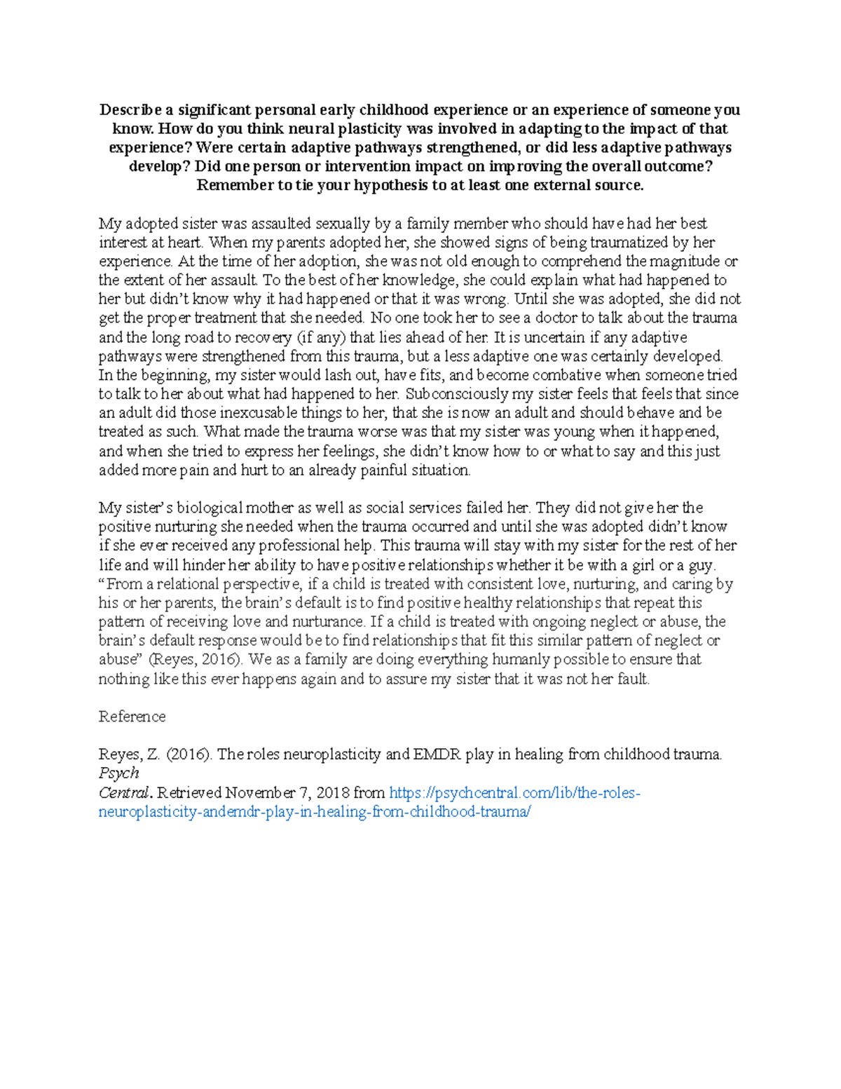 PSY 314 Discussion 2 - Describe a significant personal early childhood ...