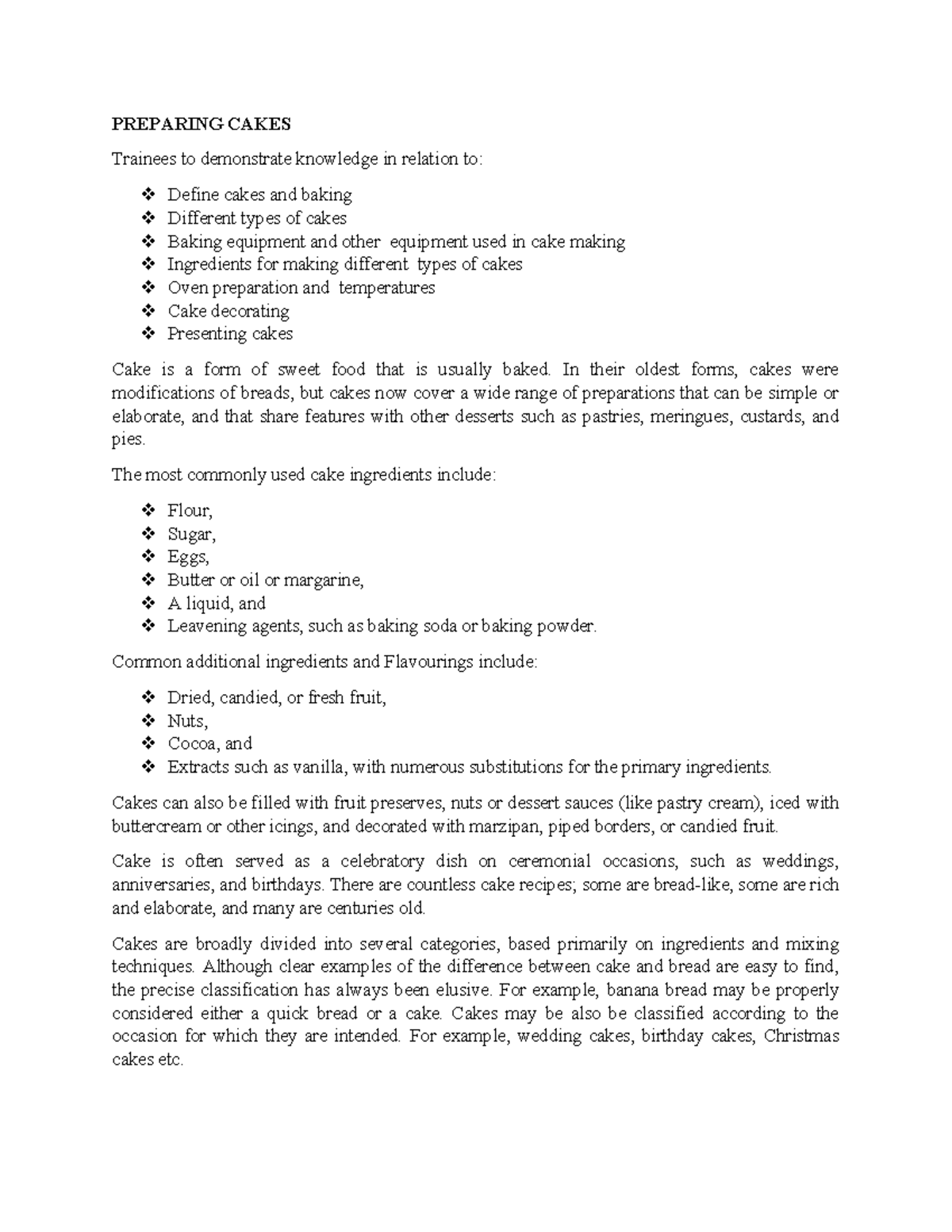 Preparing CAKE - written assessments on cakes - PREPARING CAKES ...