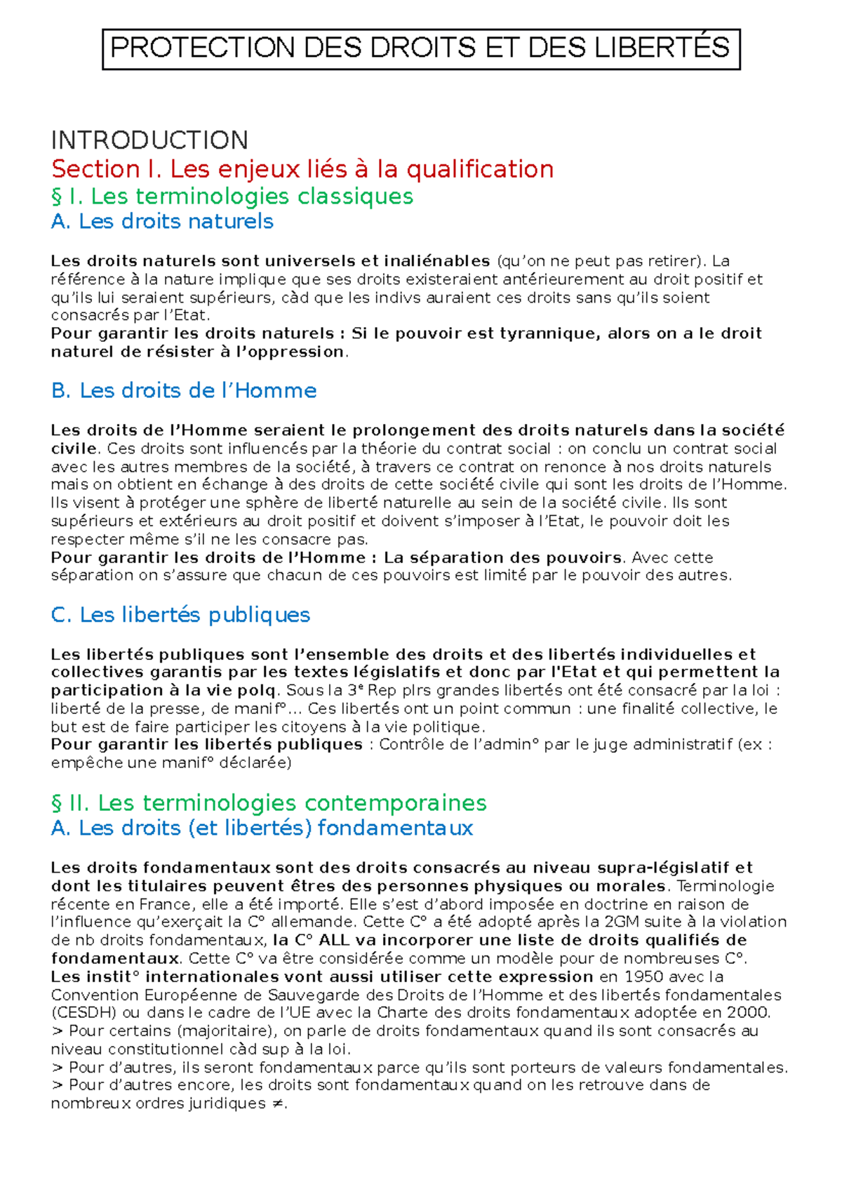 Protection des droits et libertés fondamentales - INTRODUCTION Section ...