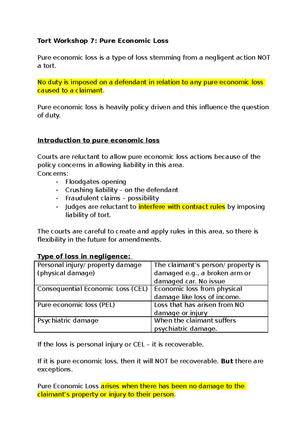 Economic Loss Workshop 7 - Tort Workshop 7: Pure Economic Loss Pure ...