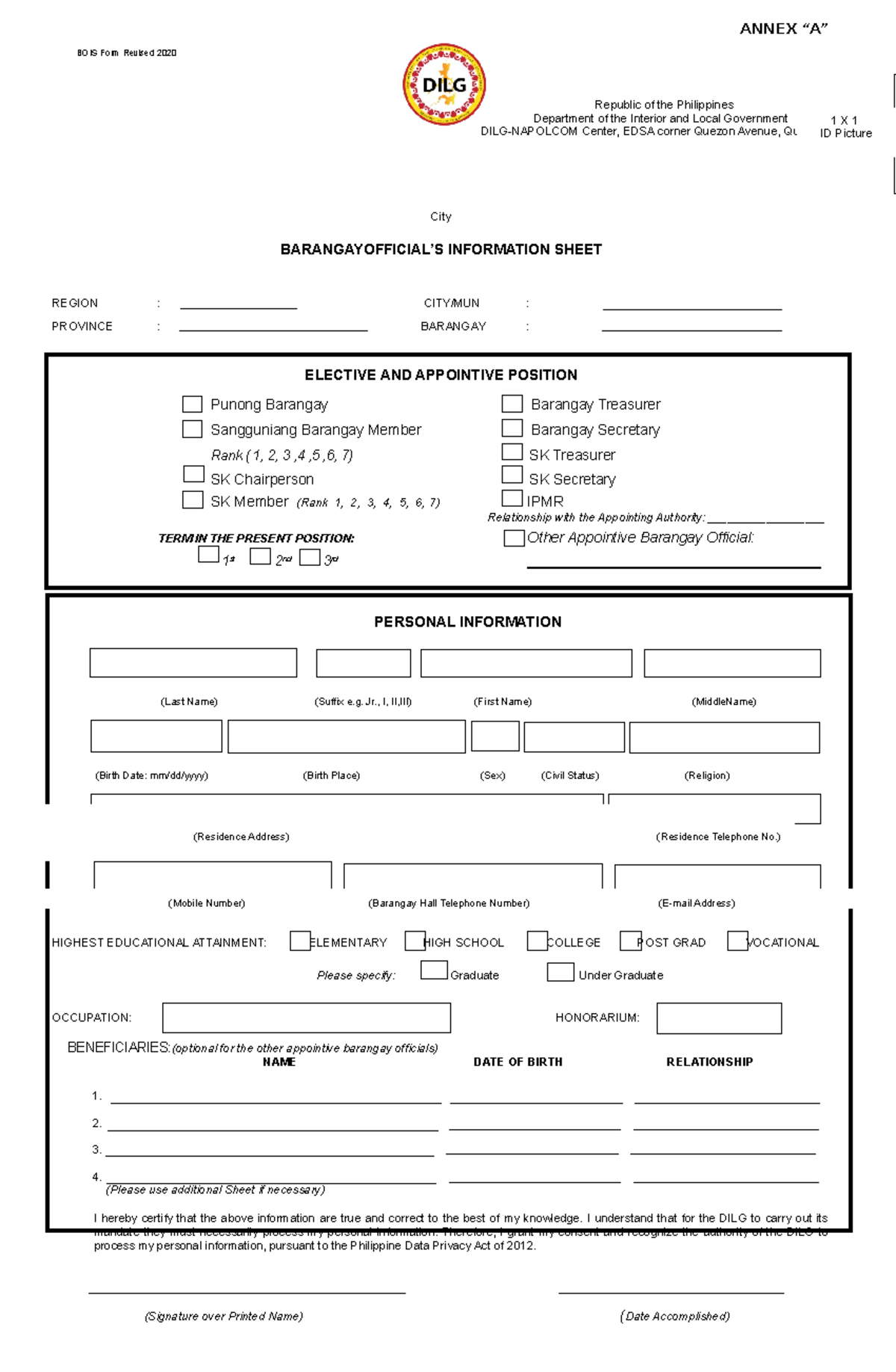Revised BOIS Annex A with consent - ANNEX “A” Republic of the Philippines Department of the ...