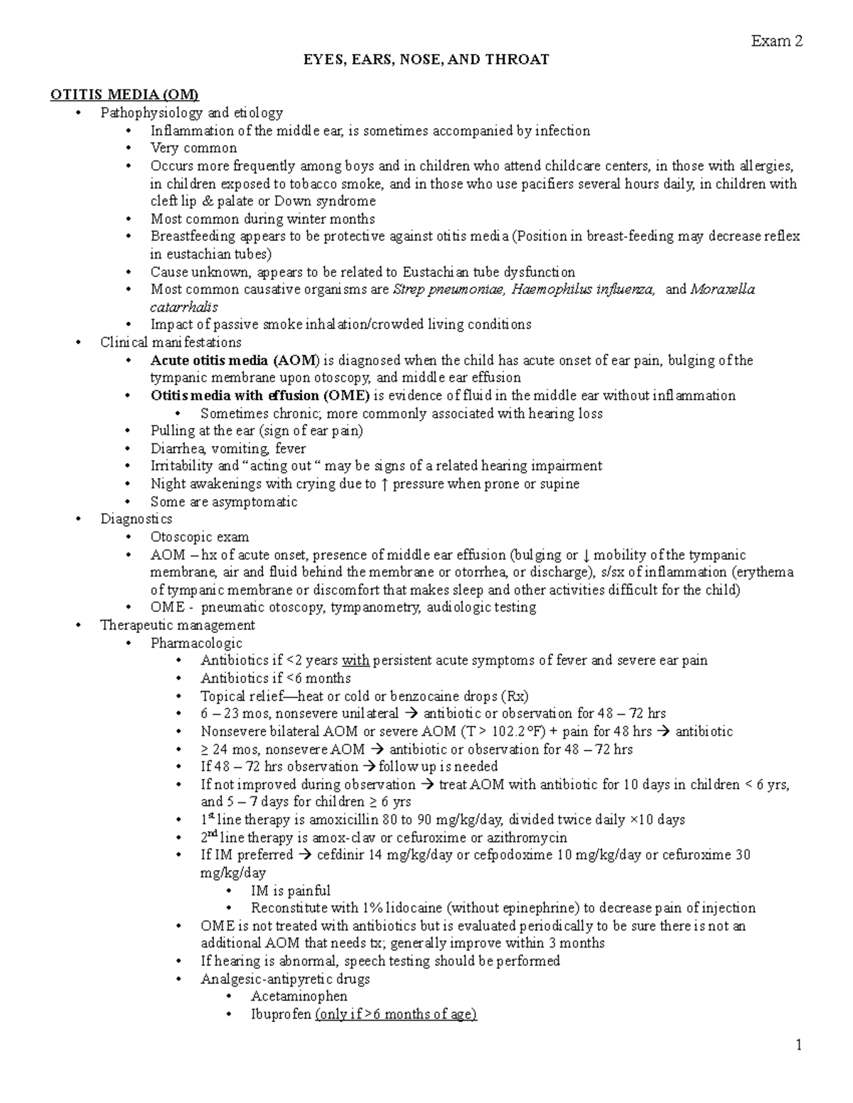 My ENT notes for exam 2 - EYES, EARS, NOSE, AND THROAT OTITIS MEDIA (OM ...
