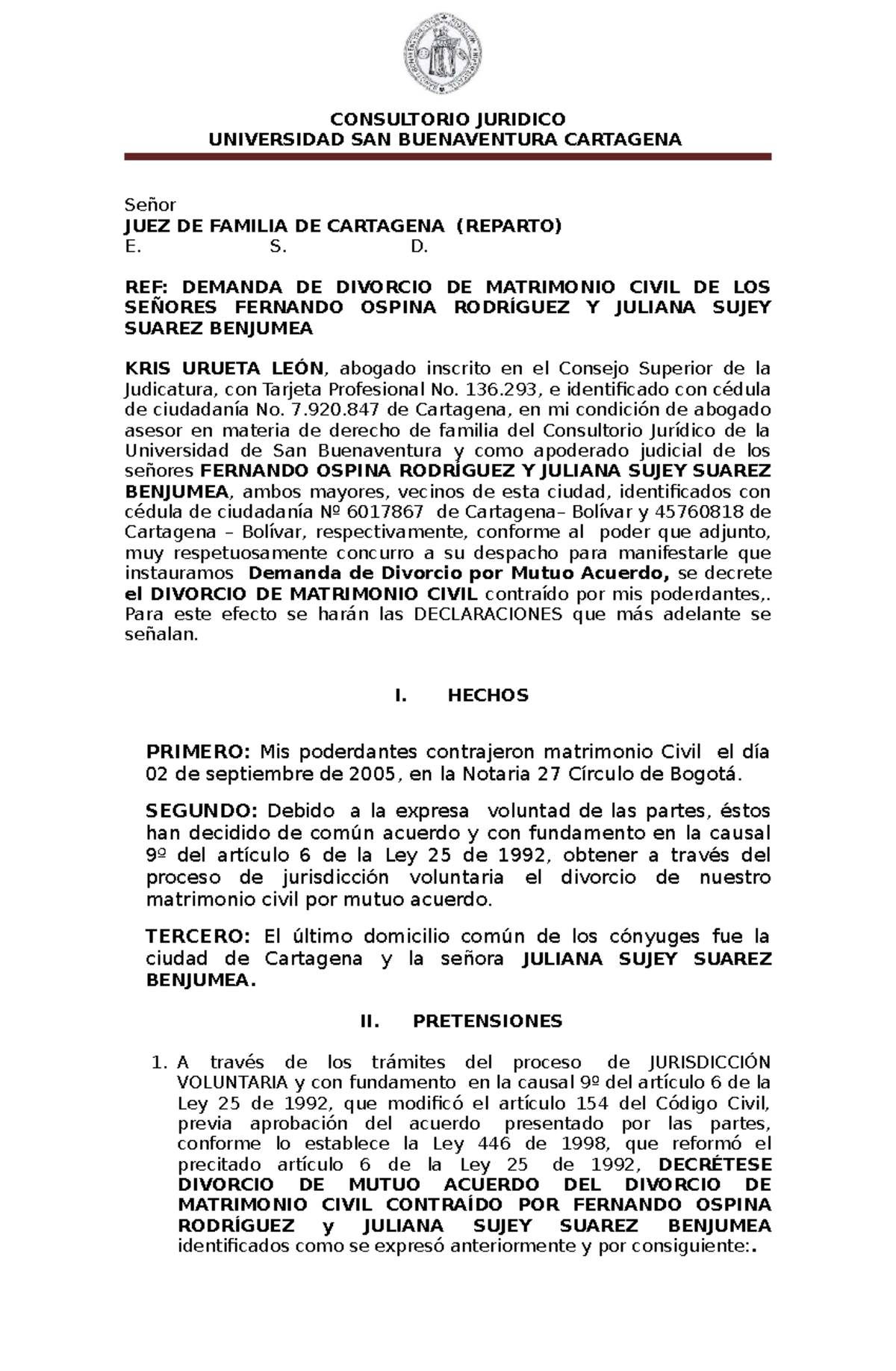 Demanda Divorcio jairo correa lemus - CONSULTORIO JURIDICO UNIVERSIDAD ...