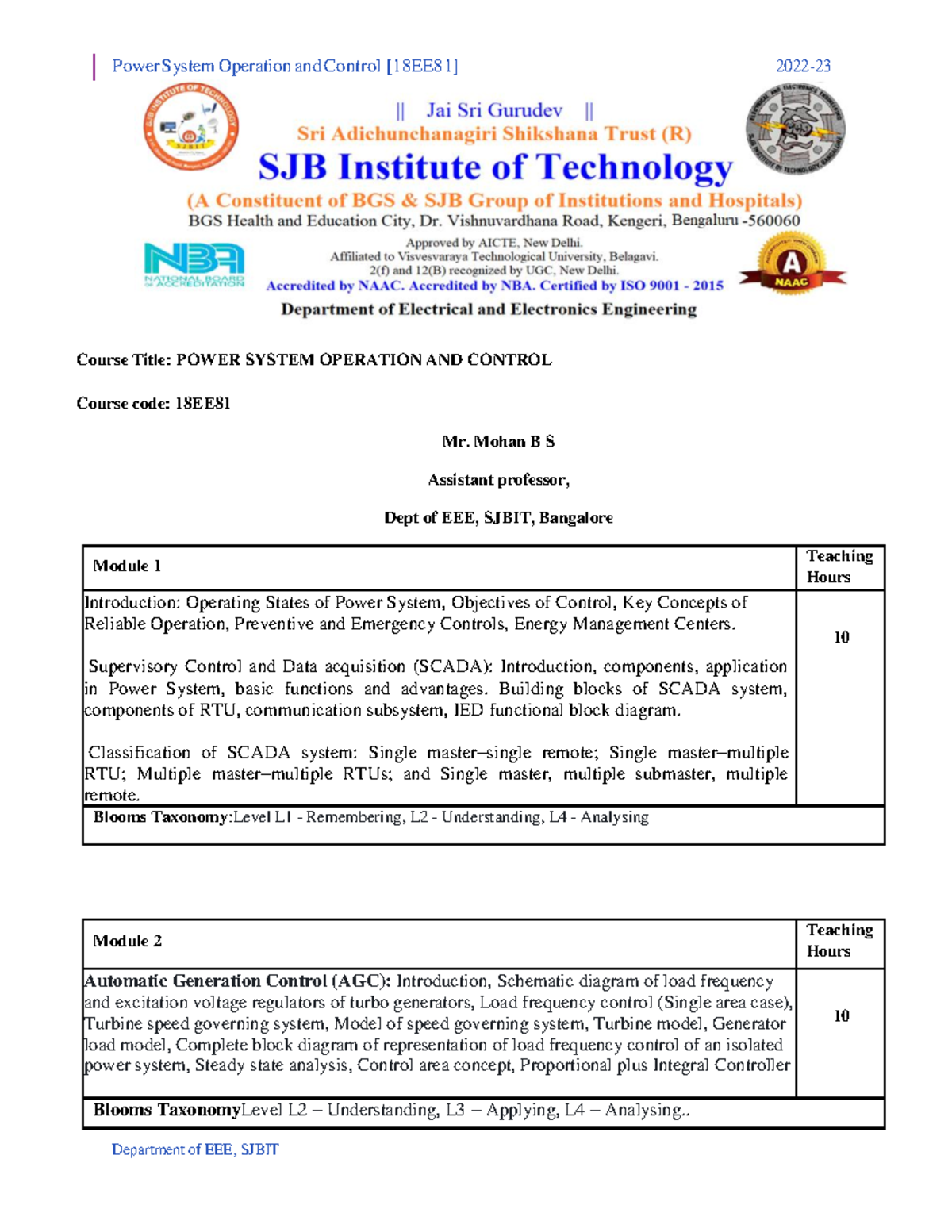 Module 5 - Power System Operation and Control [18EE81] 2022 - 23 Department of EEE, SJBIT Course ...