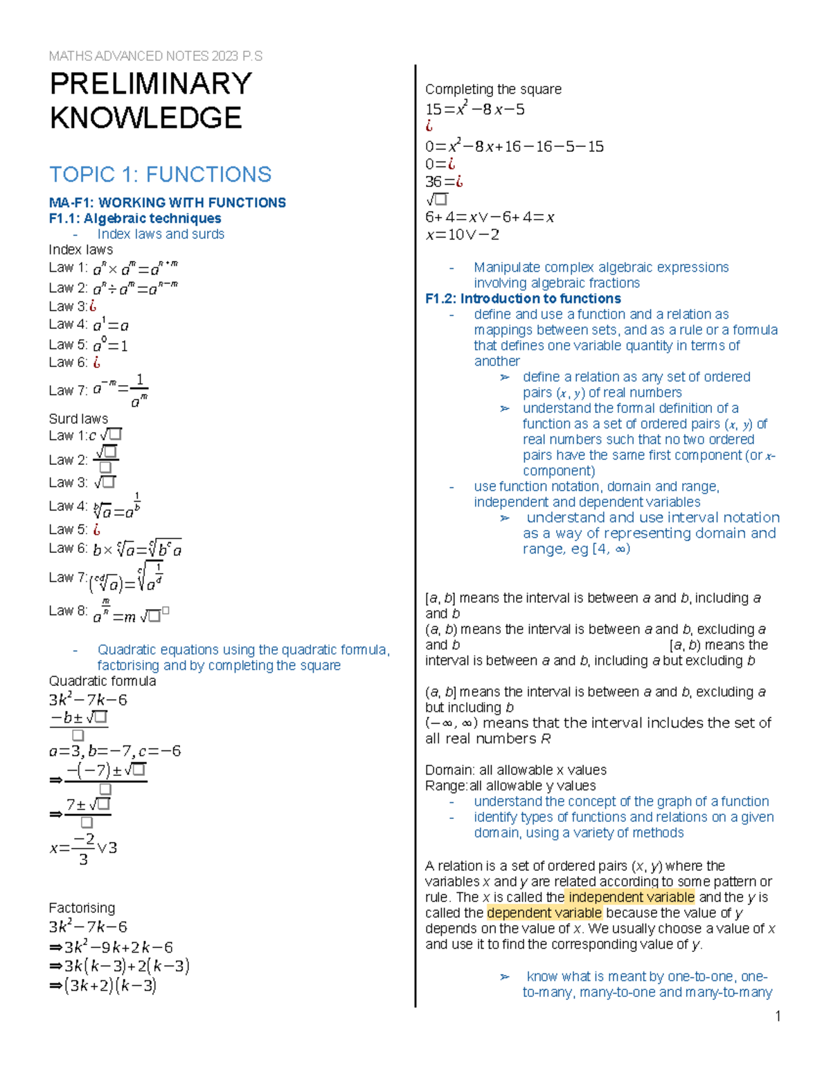 Maths Advanced Notes - PRELIMINARY KNOWLEDGE TOPIC 1: FUNCTIONS ...