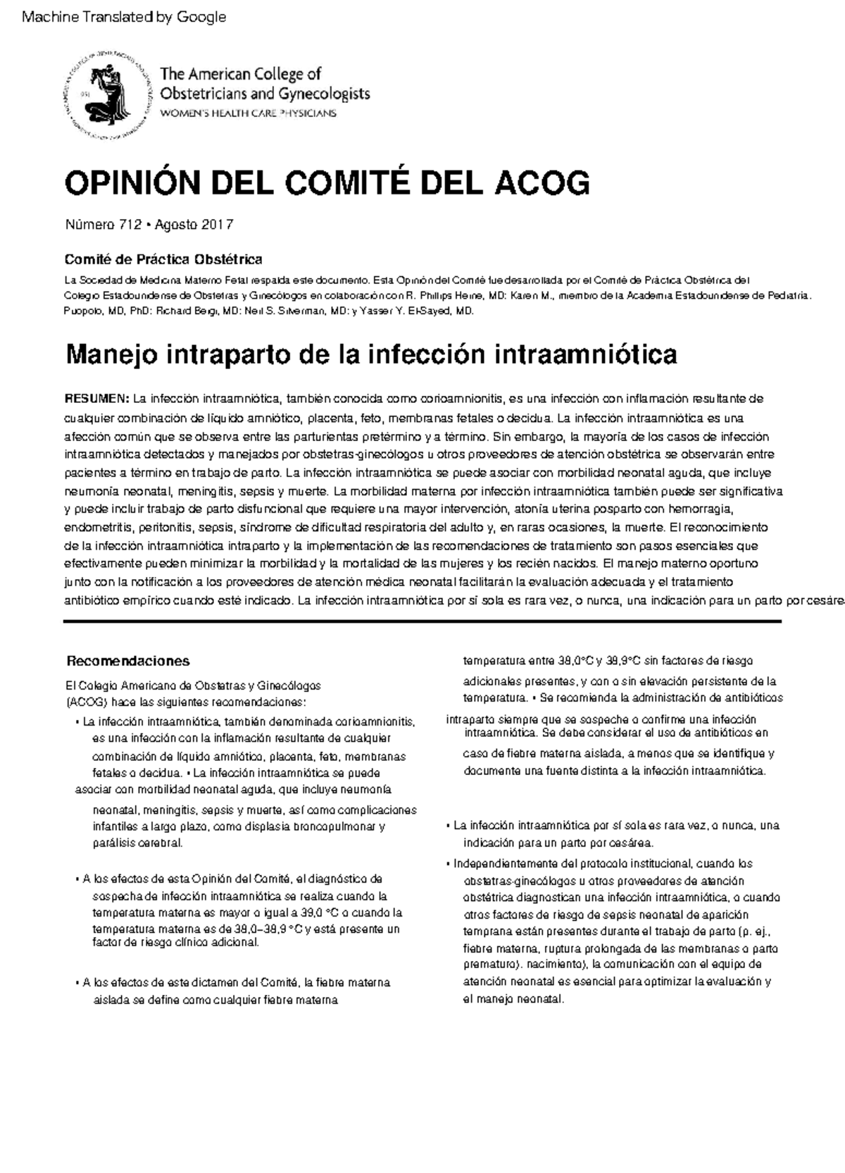 Intrapartum Management of Intraamniotic Infection - Comité de Práctica ...