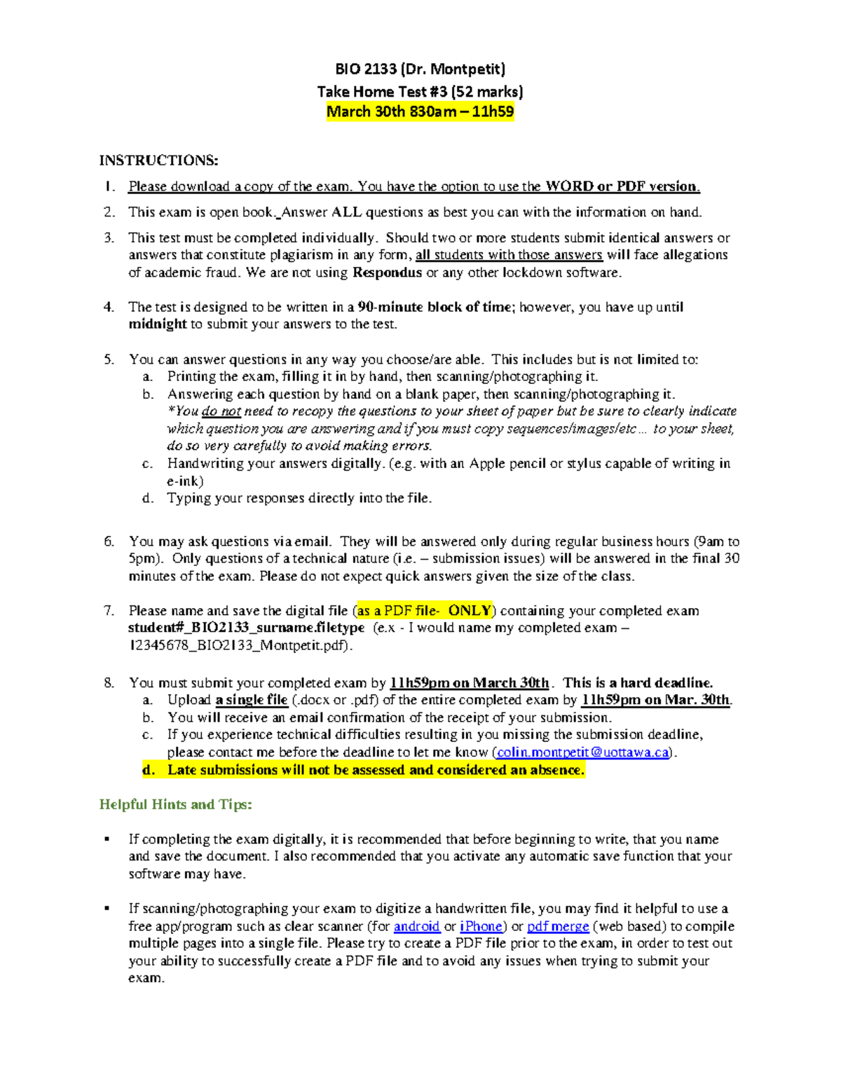 BIO2133 Test #3 March 2022 v2 uOttawa - BIO 2133 (Dr. Montpetit) Take ...