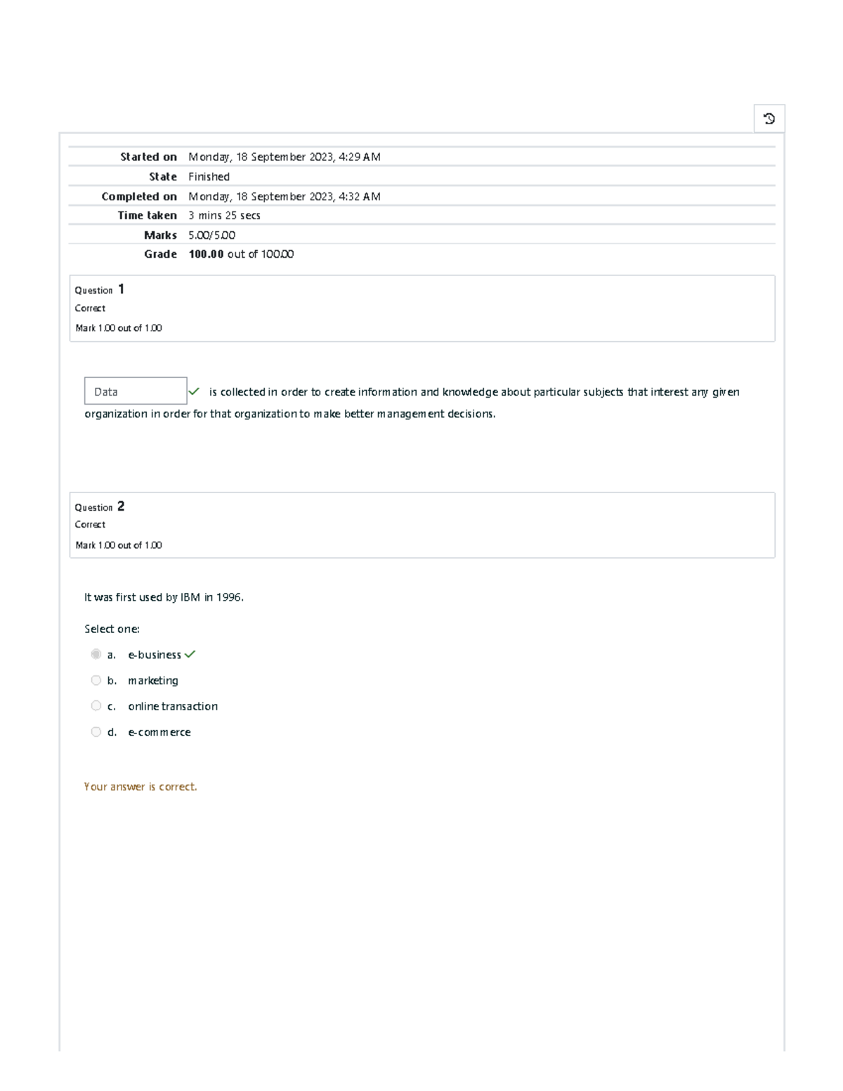 IM Lab Quiz 1 Attempt review - Started on Monday, 18 September 2023, 4: ...