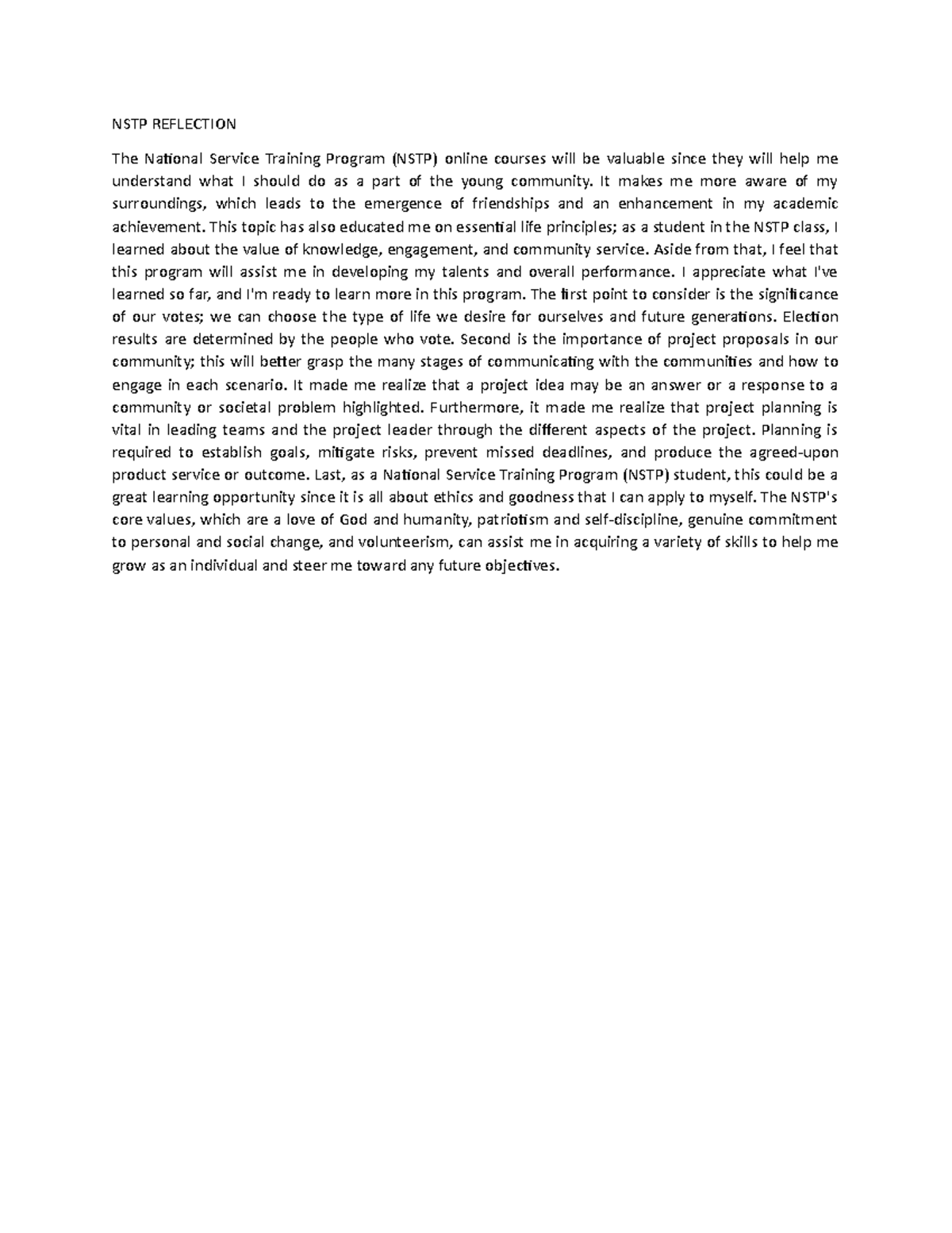 NSTP- Reflection - Analytical psychology tasks and assessment - NSTP ...