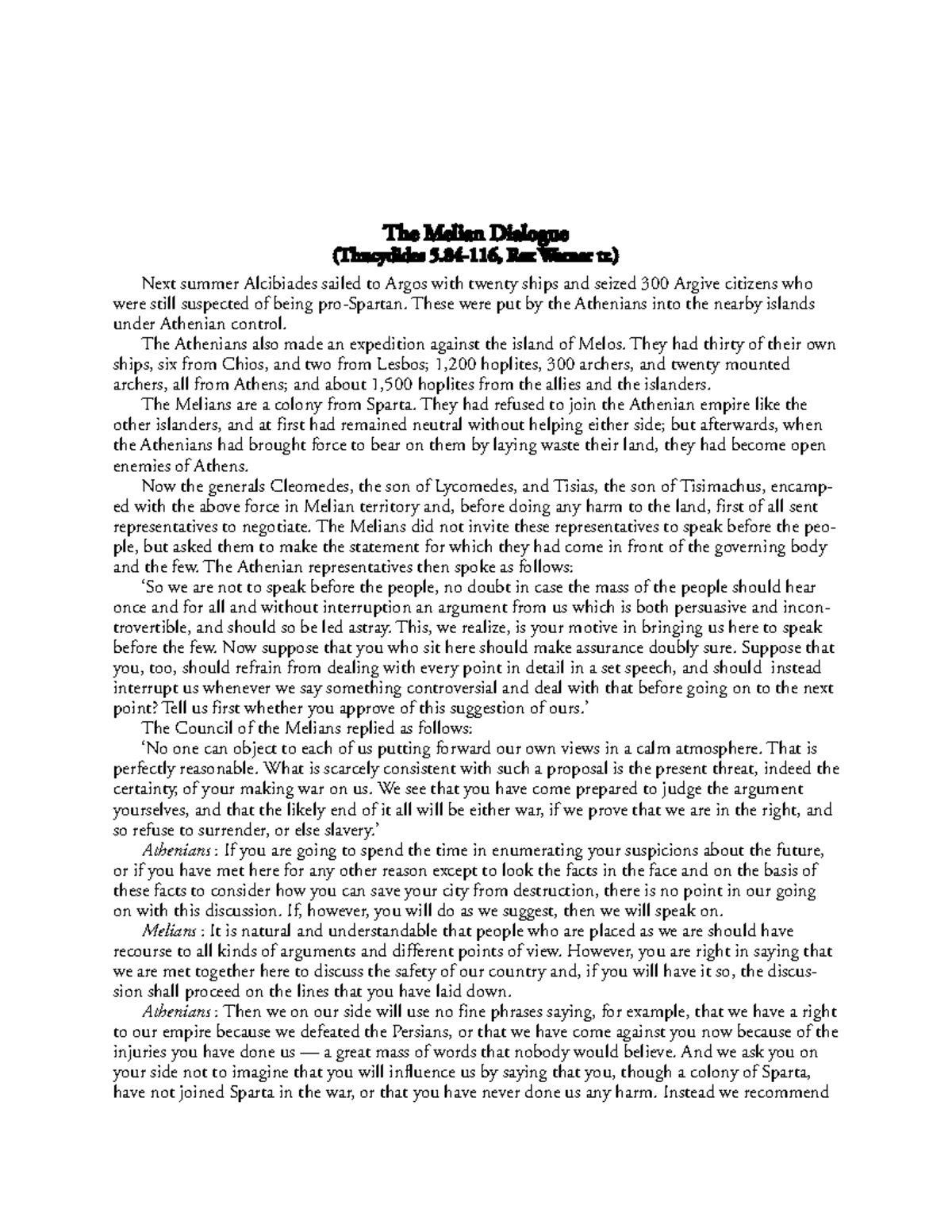 The Melian Dialogue - The Melian Dialogue (Thucydides 5-116, Rex Warner ...