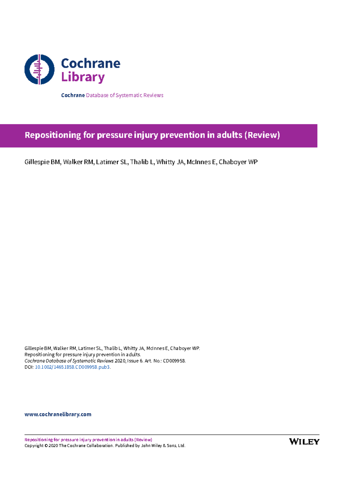 Repositioning for pressure injury prevention in adults pdf - Cochrane Library Cochrane Database ...