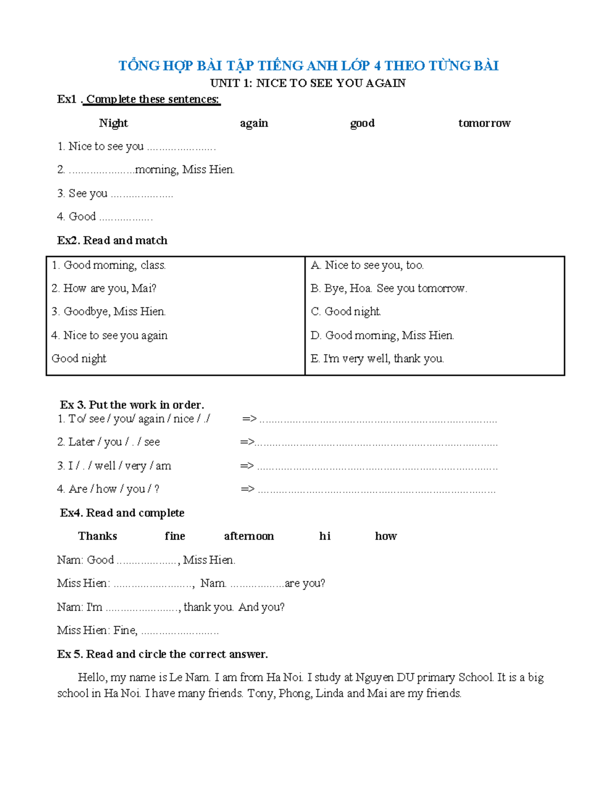 Bai tap tieng anh lop 4 theo tung bai - TỔNG HỢP BÀI TẬP TIẾNG ANH LỚP 4 THEO TỪNG BÀI UNIT 1 ...